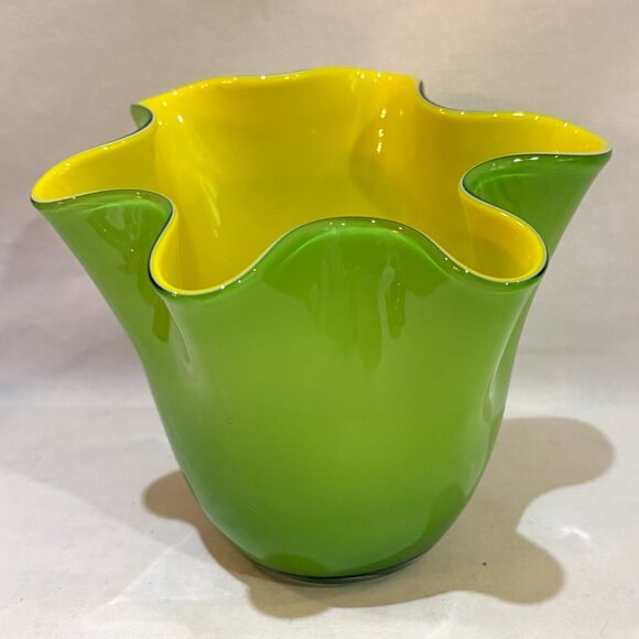Accents | Hand Made Cased Glass Vase Votive Candle Holer Yellow Green ...